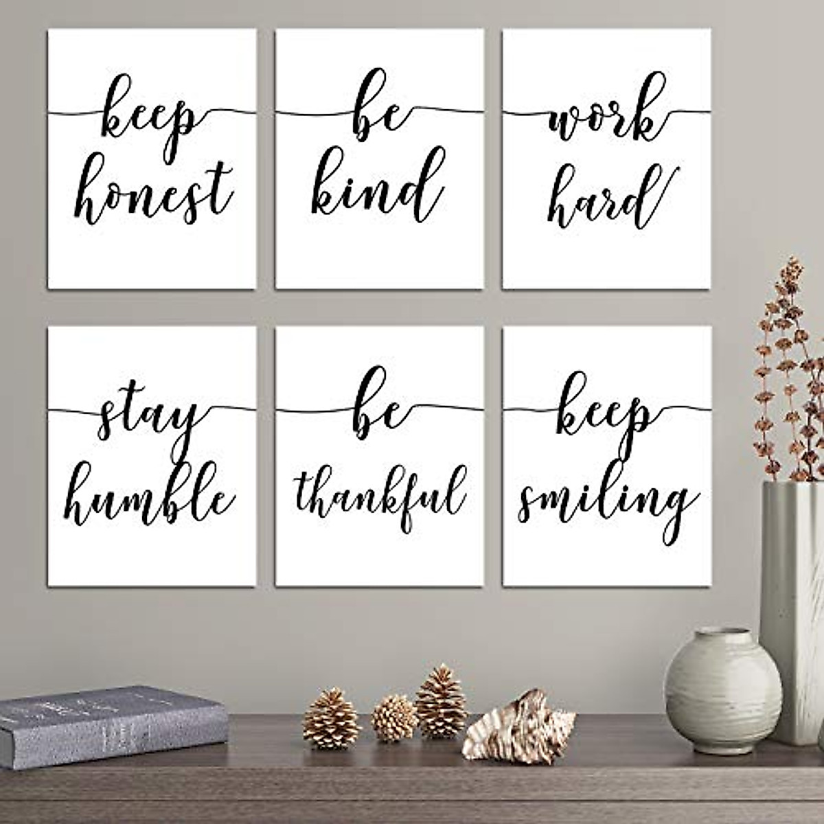 HOMIEVAR Inspirational Wall Art - 6 Pcs Motivational Quotes and Sayings Art Prints for Office, Bedroom, and Home Decor - Work Hard, Be Kind, Stay Humble, Keep Smiling, Keep Honest - No Frame