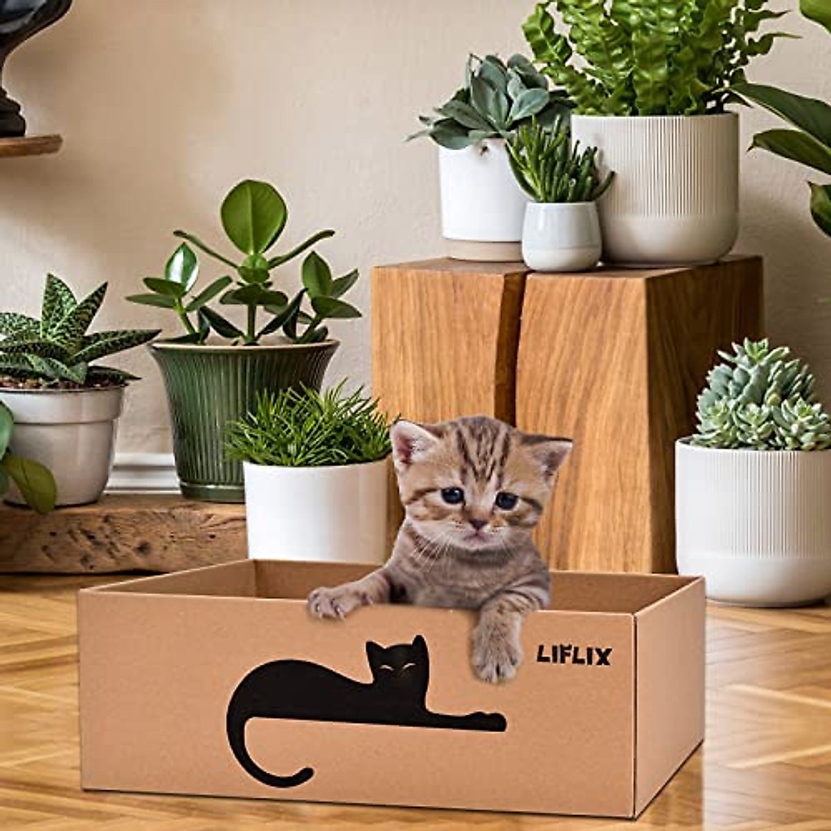 LIFLIX Cardboard Cat Scratcher with Box, 5PCS Reversible Cat Scratch Pads in Large Cat Scratcher Box, Cat Scratcher Lounge for Indoor Cats to Rest and Play, 16.5" ｘ12.6 ｘ5.9