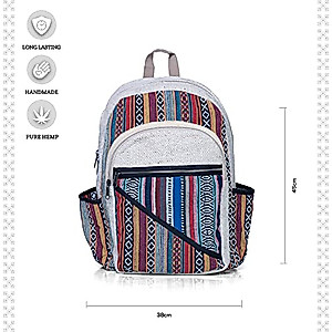 Ruana Lightweight Hemp Backpack 100% Natural Hemp Cotton Fabric Casual Daypack Multipurpose Handmade Bag For Travel, Hiking, Yoga, Picnic (Tribal Stripes, 38 cm W x 45 cm L)