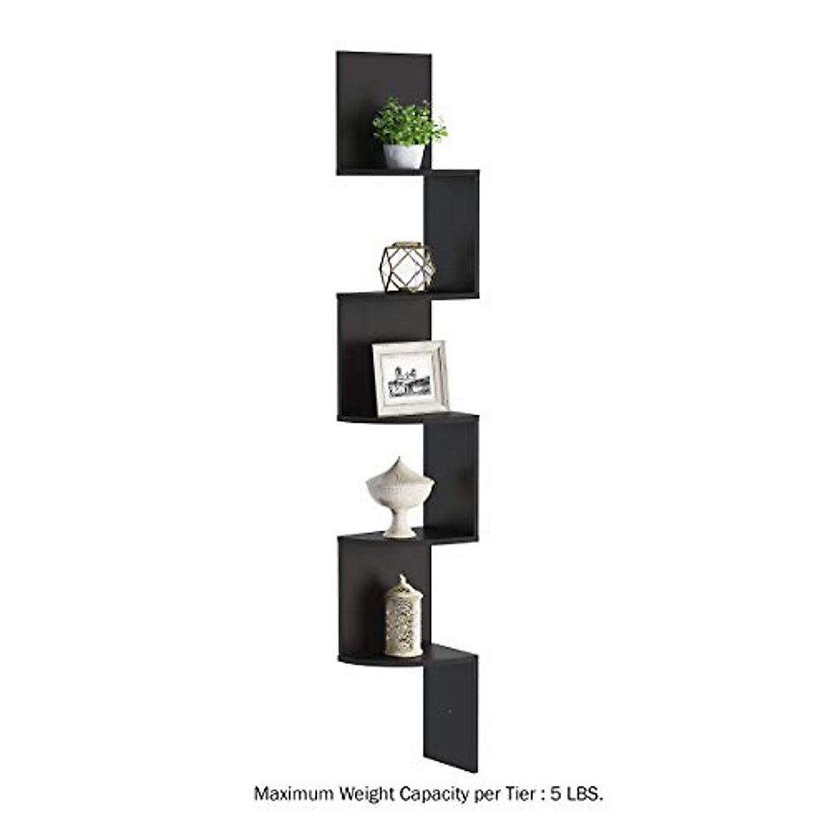 Lavish Home (Black Floating Corner Shelf-5 Tier Wall Shelves with Hidden Brackets to Display Décor, Books, Photos, More-Hardware Included, 11" X 8" X 48.5"