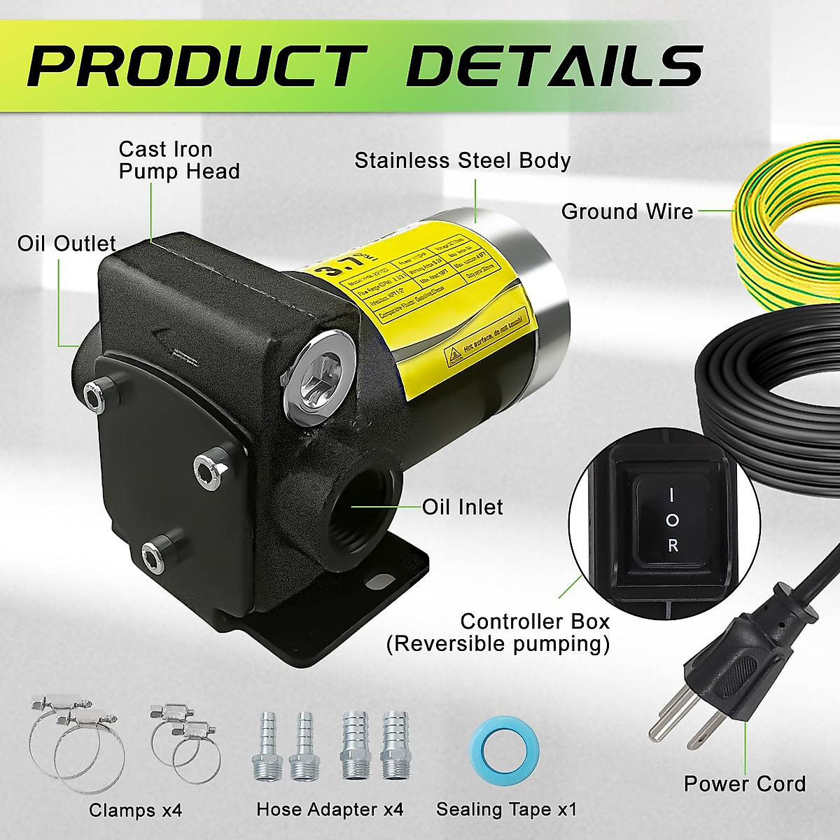 110V Automatic Gasoline Fuel Transfer Pump with Forward and Reverse Pumping, 2.3/3.7 GPM Portable Self-priming Fuel Oil Transfer Pump for Gasoline, Diesel, Kerosene, Biodiesel and More