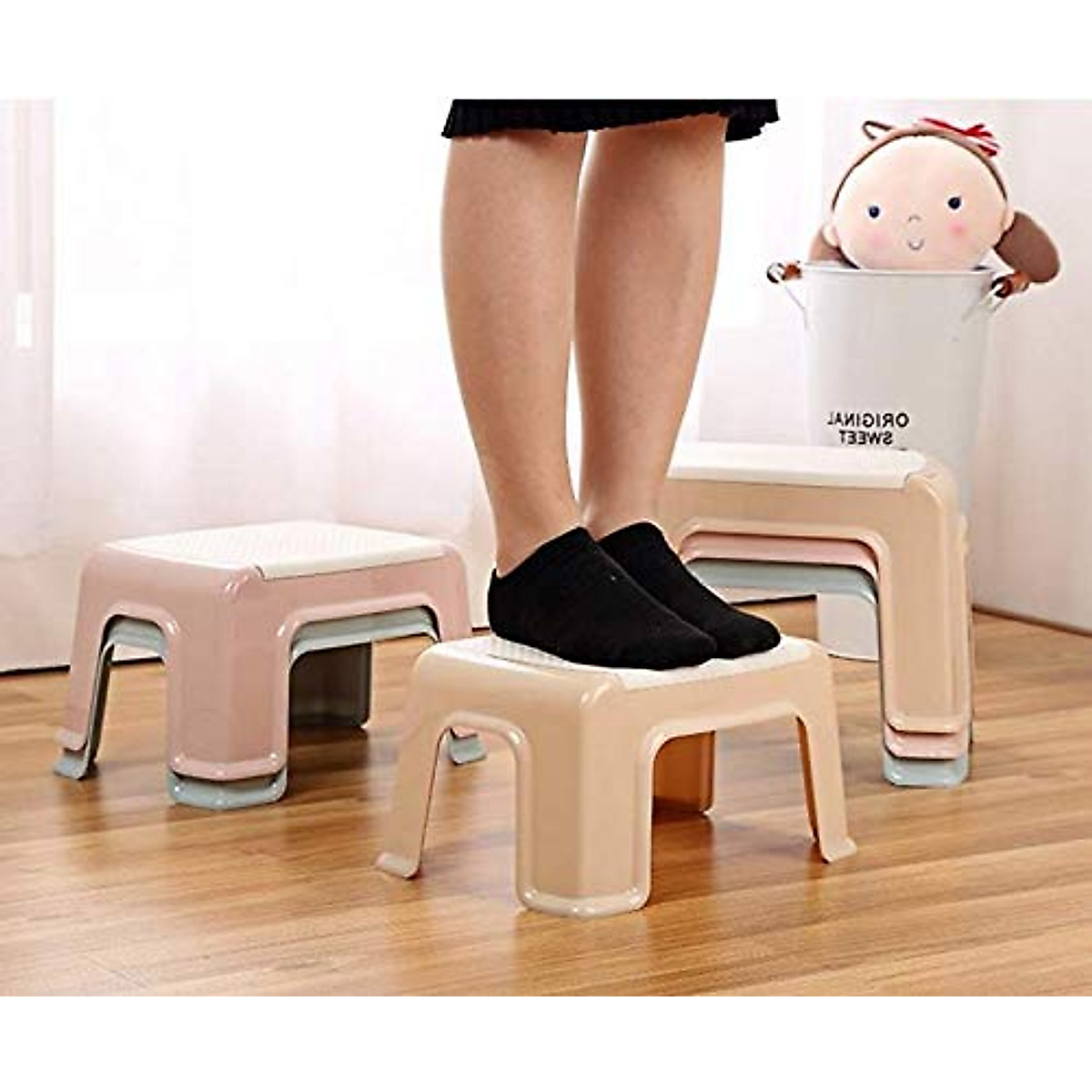Step Stool Non-Slip Plastic Stool, Thick Plastic Stools for Adults Simple Stool for Living Room, Bathroom with Anti-Skid Pad Chairs for Home, Office - White Blue