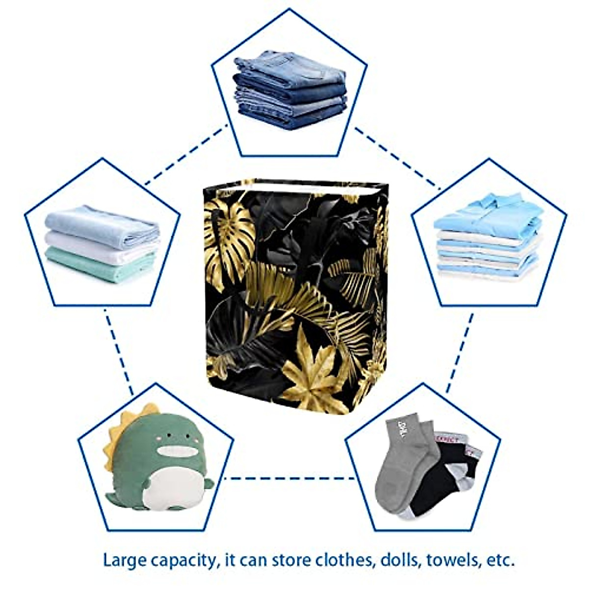 Glod Color Leave Print Collapsible Laundry Hamper, 60L Waterproof Laundry Baskets Washing Bin Clothes Toys Storage for Dorm Bathroom Bedroom