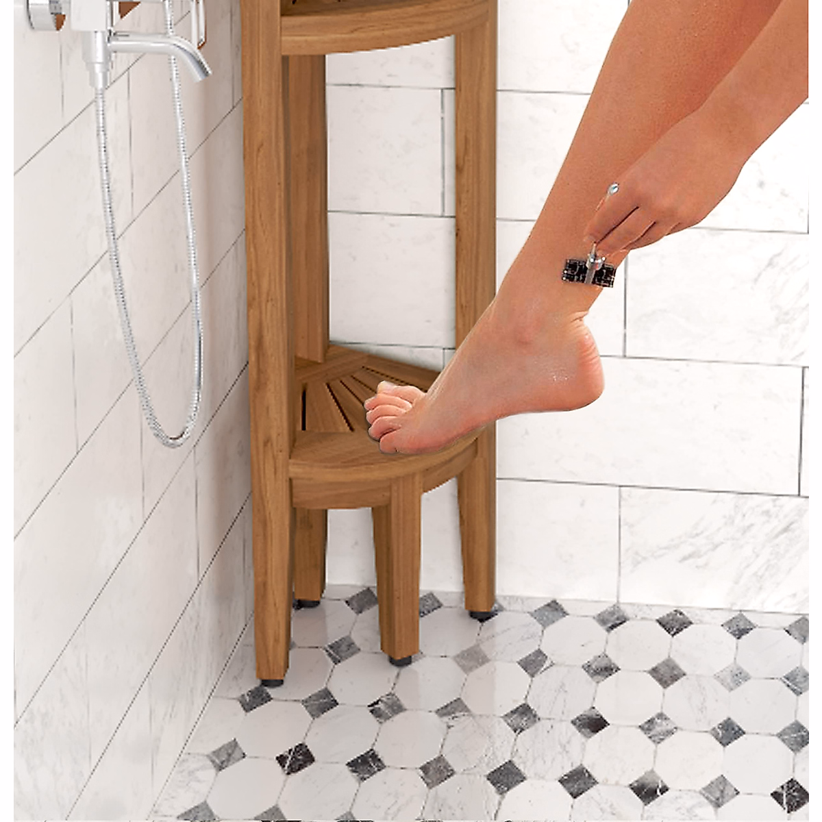 AquaTeak Kai Teak Corner Bath Shelf with Angled Shaving & Washing Foot Rest