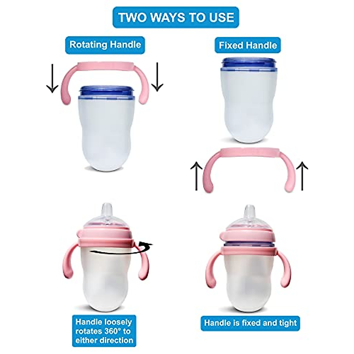 Sippy Spout Nipples with Bottle Handles for Comotomo Baby Bottle | 2-Pack | Food Grade Silicone | BPA-Free | Spill-Proof (Pink)