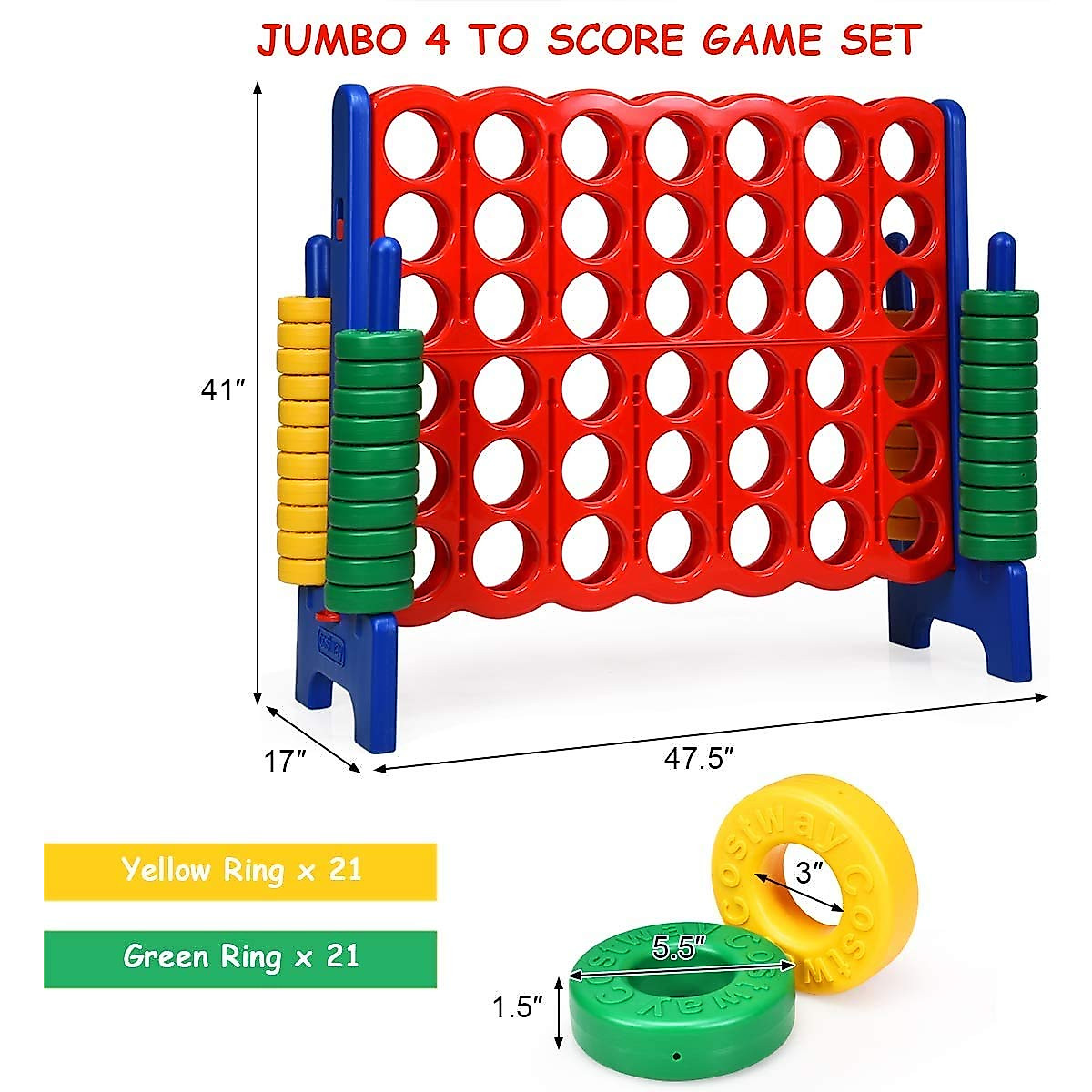 COSTWAY Jumbo 4-to-Score Giant Game Set, 4 in A Row for Kids and Adults, 3.5FT Tall Indoor & Outdoor Game Set with 42 Jumbo Rings & Quick-Release Slider, Perfect for Holiday Party & Family Game