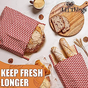 Li'l Things Eco-friendly Reusable Beeswax Bread bags | Set of 2 Sizes 13'x13' & 15’x 9’ | 6 Different Themes | Perfect Bag for Home-Baked | Store-Bought Bread | No Plastic | Red Zig Zag