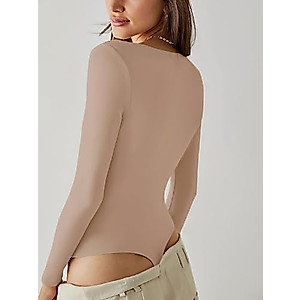 Adreamly Women's Sexy Deep V-Neck Double Lined Body Suit Tops Long Sleeve Slim Fit Lightweight Thong Bodysuits Khaki Small