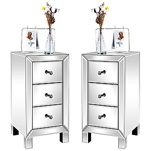 Bonnlo 3-Drawer Mirrored Nightstand Set of 2, End Table, Bedside Table, Glass Nightstand for Bedroom, Living Room, Silver, 11.7" L x 11.8" W x 23.8" H