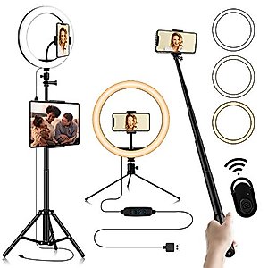 Ring Light with 76.7" Extendable Tripod Stand and 2-in-1Phone/Tablet Tripod, 12-inch Selfie Ring Light Full Kit, Dimmable Desk Makeup Circle Led Ring Light for TikTok, 3 Modes 10 Brightness Levels