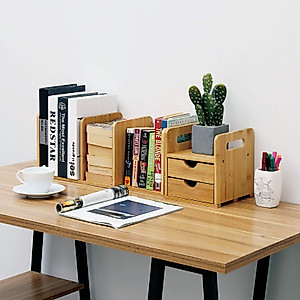 WELLAND Expandable Desktop Bookshelf Bamboo Desk Organizer with 2 Storage Drawers for Office and Home