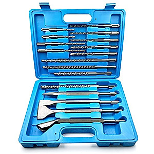 JFOGO Rotary Hammer Drill Bits Set & Chisels- 17 Pieces SDS Plus Concrete Masonry Hole Tool for Concrete，Brick,Block,Stone,Masonry