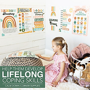 8 Calming Corner Posters For Classroom Must Haves For Teachers - 11x17" Calm Down Corner Supplies, Feelings Chart For Kids Ages 4-8, Toddler Emotions Chart, Retro Classroom Decor