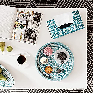 Mother of Pearl Inlay Round Serving Tray | Coffee Table Wooden Tray w Insert Handles - Luxury Decorative Platters for Party, Dinner, Breakfast in Bed - by MadeTerra (Round-Teal)