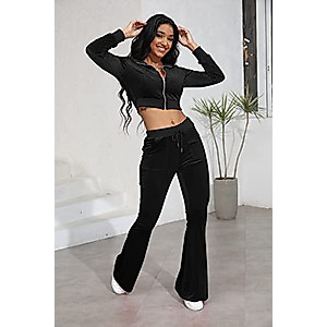 Wryran Velour Tracksuits Womens 2 Piece Lounge Outfits Zip Up Cropped Jacket Velvet Track Suits Y2K Sweatshirt and Flared Sweatpants with Pockets Matching Set Black Medium