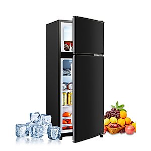 Geekman Double-Door Compact Fridge with Freezer, 3.5 Cu. Ft. Capacity and 7-Level Adjustable Thermostat Refrigerator, Perfect for Apartments, Dorms, Home Offices, and Bars, Black Color