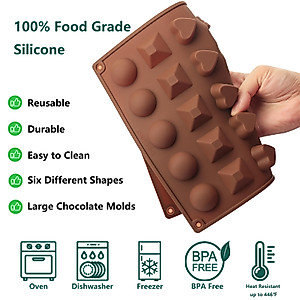 Chocolate Molds Silicone with 30 Cavities 6 Different Shapes for Making Larger Chocolate/Candy/Gummy/Cake Décor for Wedding Party & Celebration