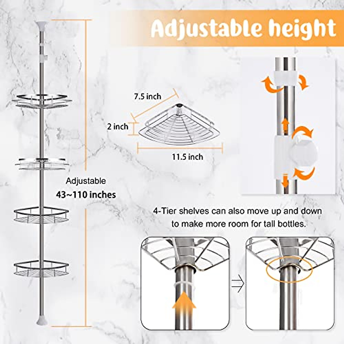 UIFER Corner Shower Caddy, Rustproof Shower Organizer Stainless Steel Tension Pole Shower Shelves, Height Adjustable 43 inch to 110 inch …