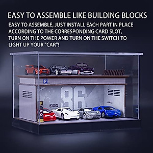 SIKIVOT 1/64 Scale Hot Wheels Display Case ，Parking Lot Model Car，Die-cast Car Garage Display Case， Hot Wheels Parking Garag，8 Parking Space with LED Light and Acrylic Cover (7641Number 86)
