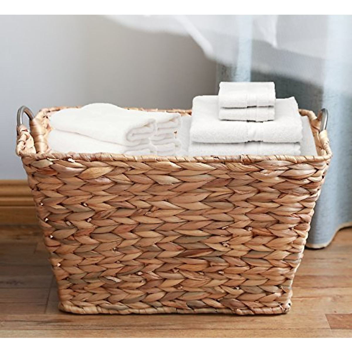 Vintiquewise Large Square Water Hyacinth Wicker Laundry Basket with Metal Handles