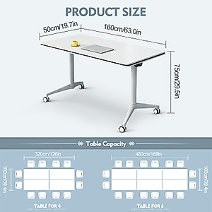 Conference Table Foldable Meeting Tables,4 Pcs Flip Top Mobile Training Table Modern White Portable Table with Silent Wheels, 62.9 "D x 23.6" W x 29.5 "H for Office,Meeting Room,Classroom