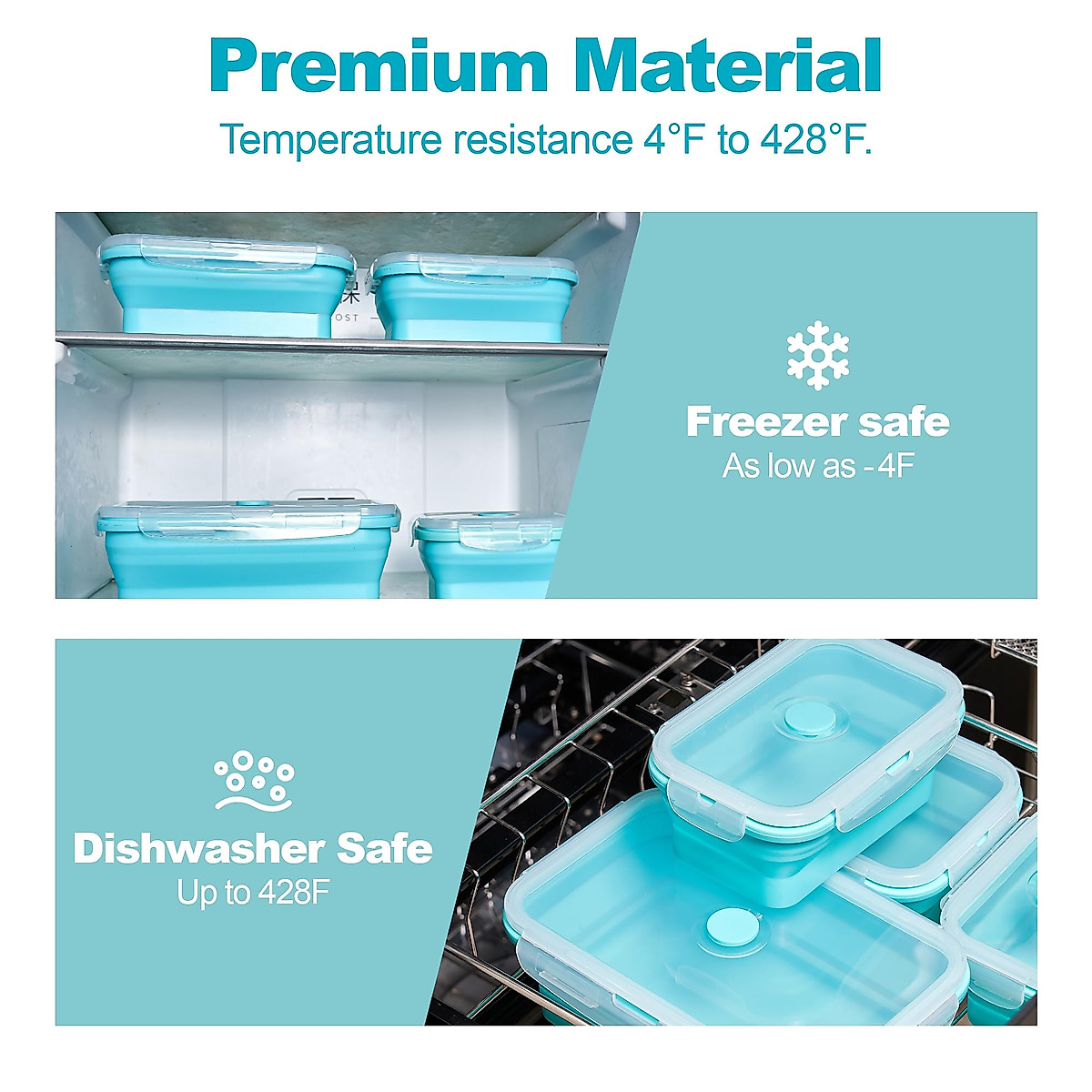 Set of 4 Collapsible Silicone Food Storage Container, Leftover Meal box For Kitchen, Bento Lunch Boxes, BPA Free, Microwave, Dishwasher and Freezer Safe. Foldable Design Saves Your Space.