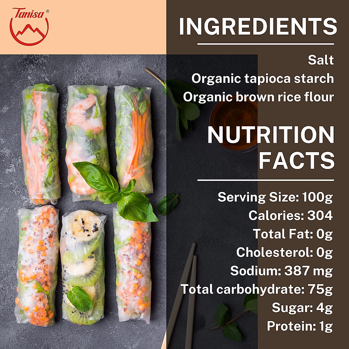 TANISA Organic Brown Rice Paper Wrappers, 22 Sheets Spring Roll Wrappers, Low carb tortilla for Fresh Rolls, Healthy Gluten free wraps, Suitable for Any Meal (8.7 inch - 7.05 oz)