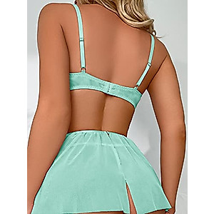 WDIRARA Women's Floral Embroidery Mesh Split Cut Out Babydoll Lingerie Slip Dress Light Green S