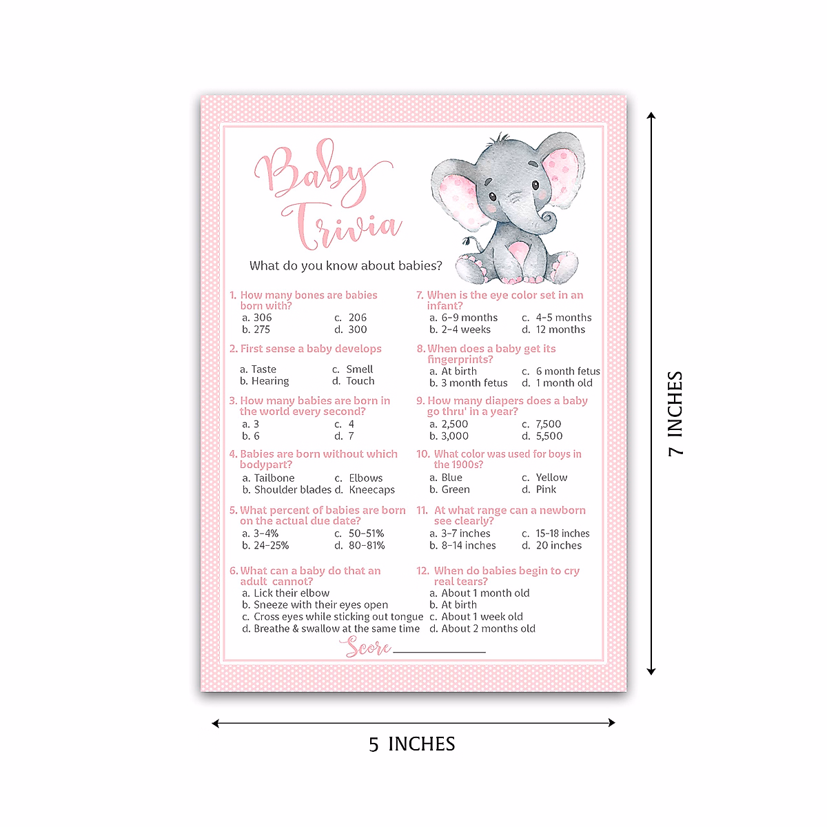 PINK ELEPHANT Baby Shower Game — BABY TRIVIA Baby Shower Games — Pack of 25 — Fun Baby Facts Games, GIRL Baby Shower Games, Pink Cute Polka Dot Baby Elephant Baby Shower Games Activity, SKU G500-TRV