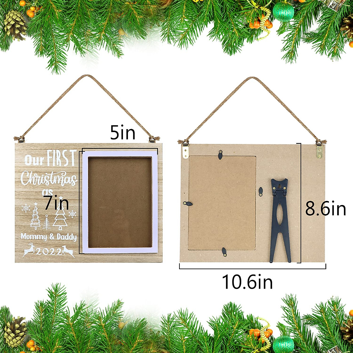 Xunboo Baby 1st Christmas Picture Frame, First Christmas Frame for New Parents, Newborn Family Natural Wood Photo Frame (First Christmas as daddy and mommy)