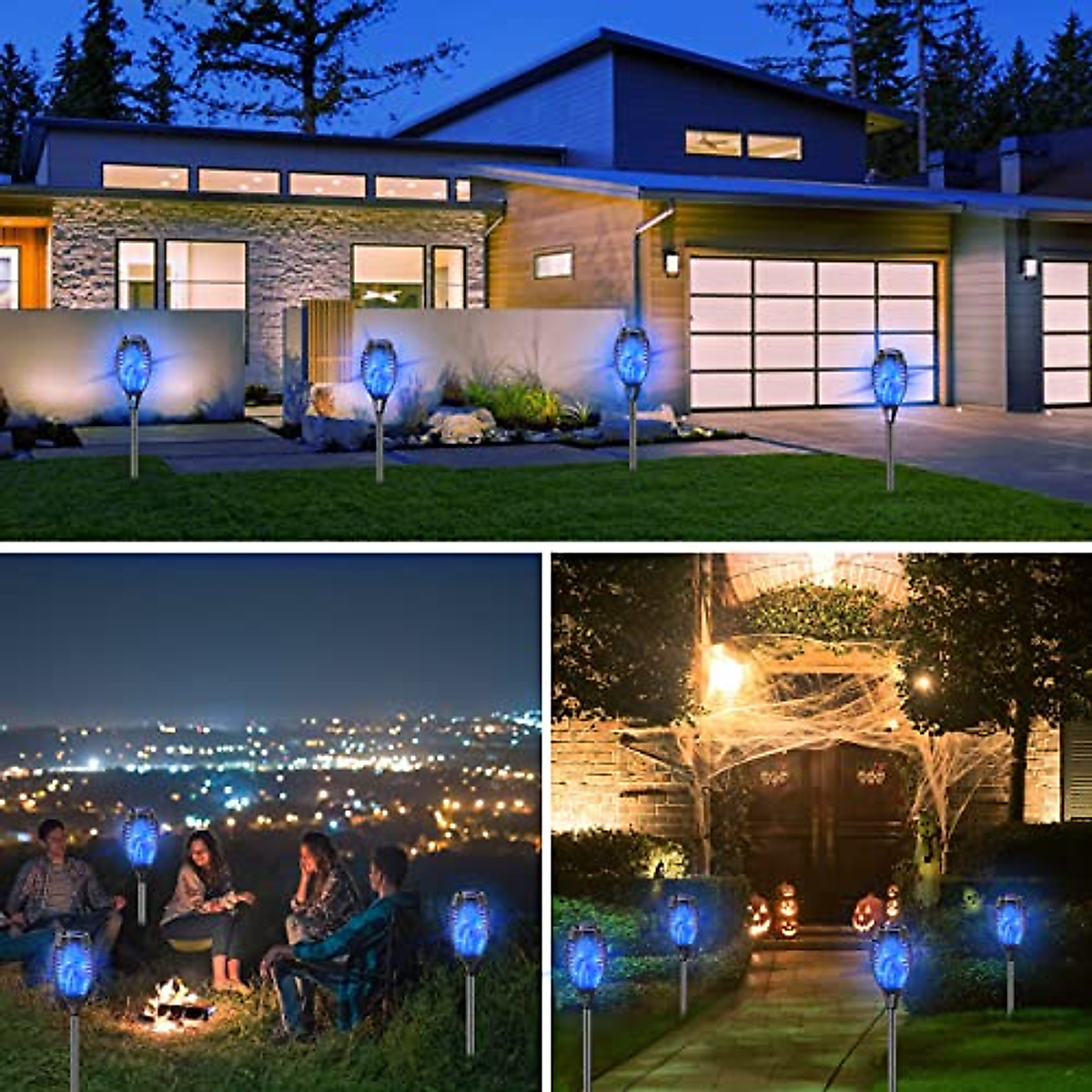 COCOMOX Solar Lights Outdoor Blue, 4 Pack Solar Torch Lights with Flickering Flame, 12 LED Mini Tiki Torches for Outside Waterproof Landscape Decorations for Garden Pathway Dusk to Dawn Auto On/Off