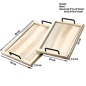 everous Wood Serving Tray with Handles Set of 2,Acacia Wood Butler Platters Serve Breakfast, Appetizer, Coffee, Bar, and Food(White)