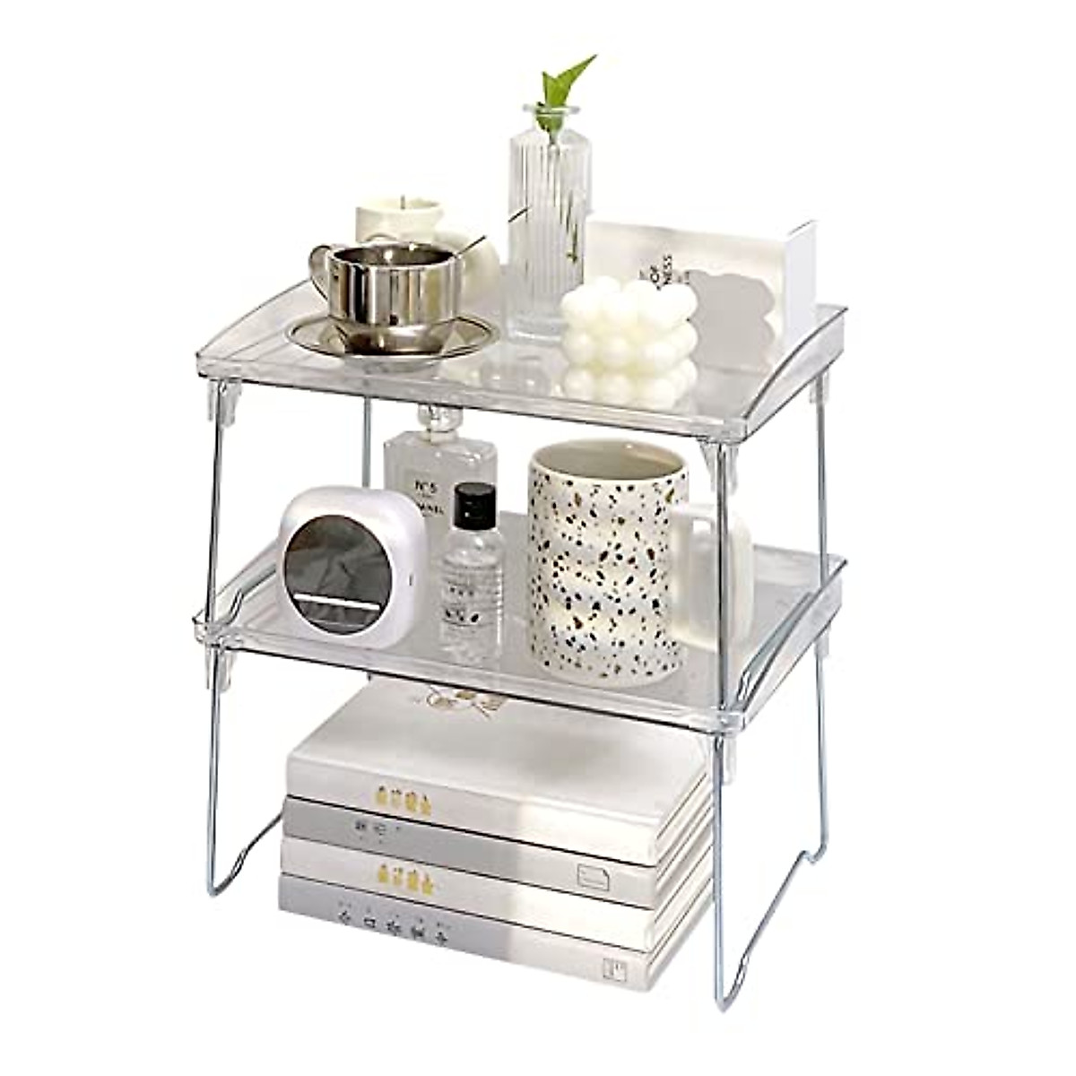 Stackable Cabinet Organizers and Storage, 2 Packs Storage Shelf Organizer Stand Racks, Stackable Shelves for Cabinets & Countertop,cupboard kitchen organization bathroom cosmetics organizer (2 PACK)