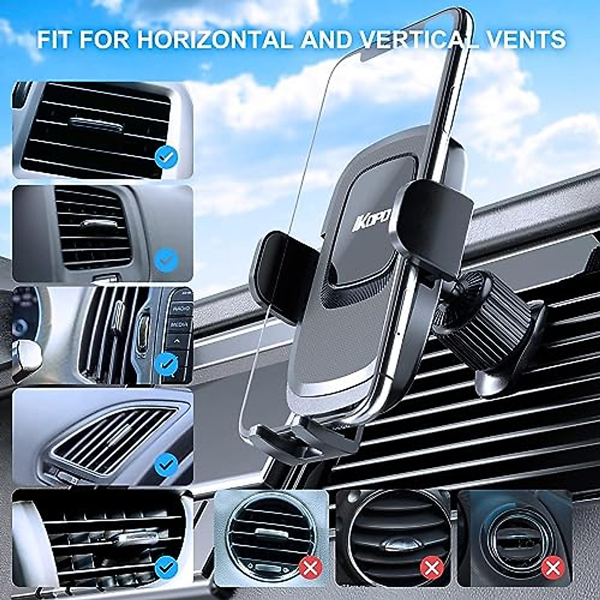 IKOPO Car Vent Phone Mount - Universal Air Vent Holder Clip Sturdiest Shockproof Mobile Cell Phone Mount Handsfree Stand Cradle for iPhone, Samsung, LG and More