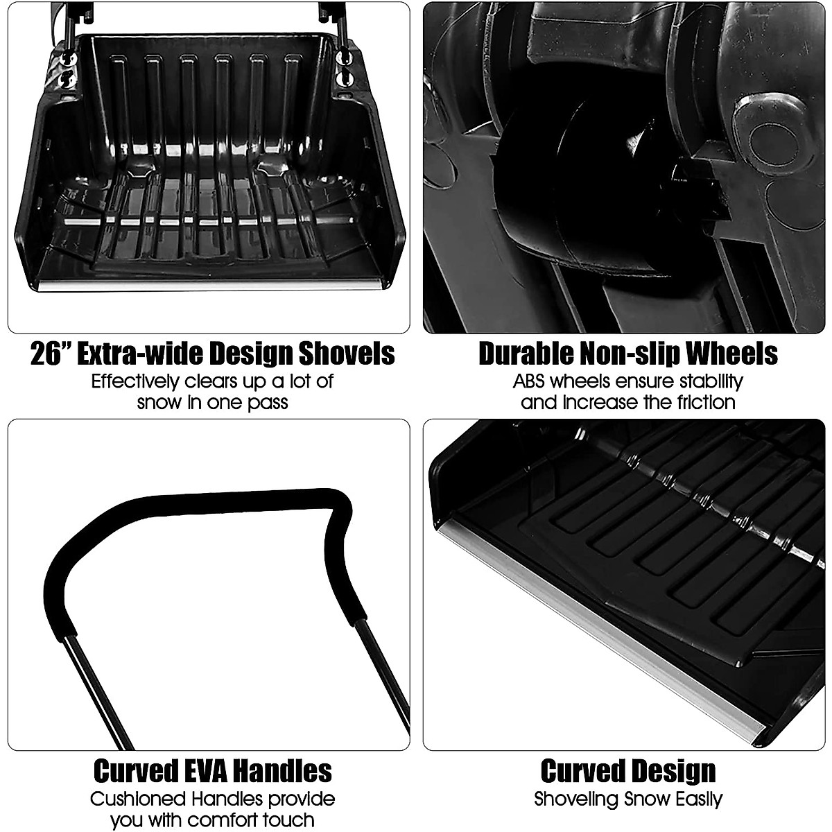 Hysache 26" Snow Shovel, Folding Snow Pusher Shovel w/Wheels & Adjustable Ergonomic Handle, Heavy Duty Rolling Snow Pusher for Driveway, Sidewalk, Patio (Black)