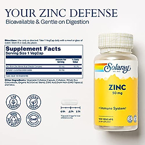 Solaray Zinc 50mg Immune Support Supplement, Bioavailable Chelated Zinc Capsules, Cellular Health and Immune System Formula with Pumpkin Seed, Vegan, 60-Day Money Back Guarantee, 100 Serv, 100 VegCaps
