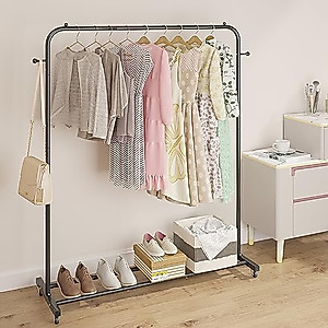 Boeeoan Garment Rack, Freestanding Simple Single Pole Clothes Rack With Wheels, Coat Rack, Multi-functional Rolling Clothing Storage Rack With 2 Hooks for Bedroom, Laundry Room, Living-room, Black