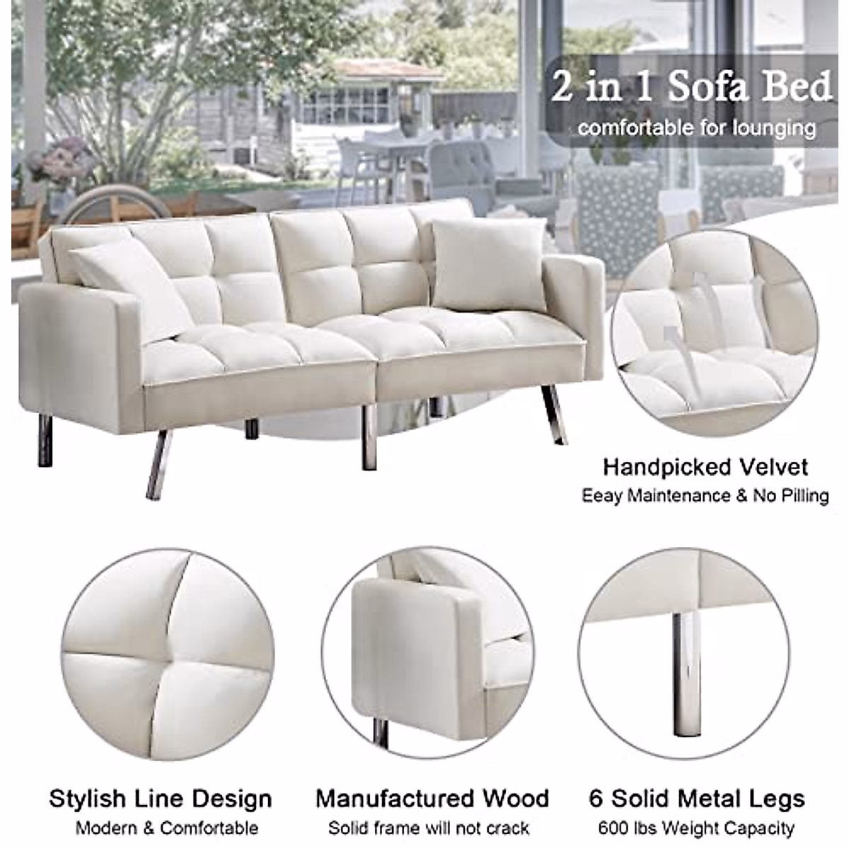 Velvet Convertible Futon Sofa Bed with Two Pillows, Modern Upholstered Sleeper Sofa Couch with 3 Adjustable Backrests and 6 Solid Metal Legs, Twin Size Loveseat Recliner for Living Room (Off White)