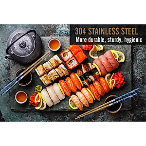 Metal Chopsticks Titanium Plated Stainless Steel Chopsticks Reusable Dishwasher safe Japanese Korean Chopstick lightweight Anti-slip Chop sticks 2 Pairs Blue Gold and 2 Pairs Black Gold Bundle Set