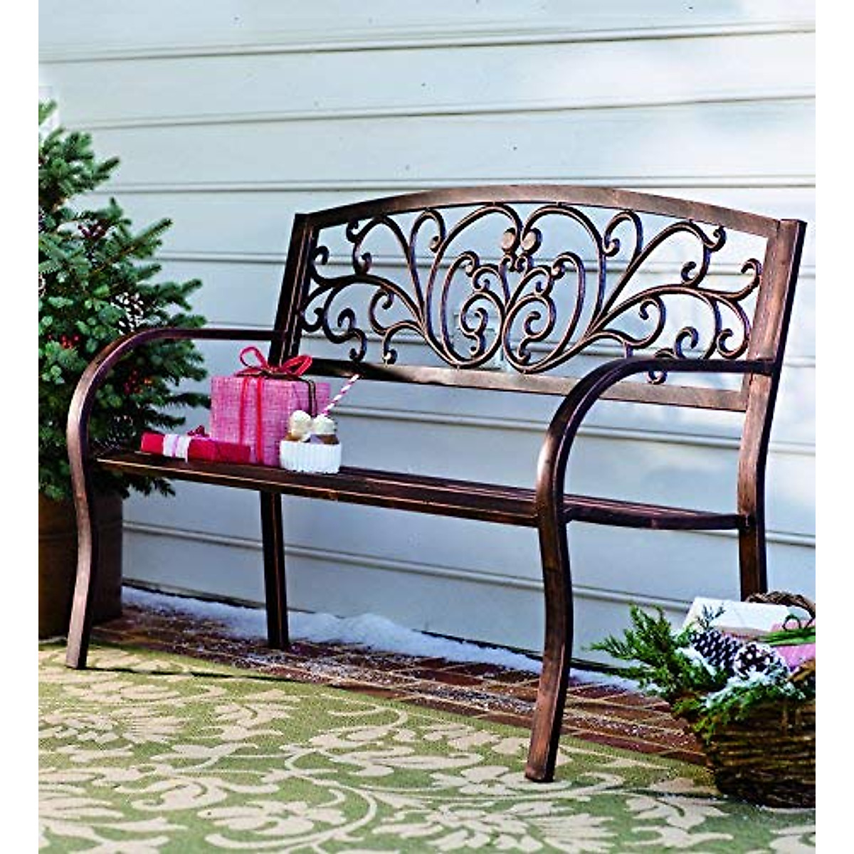 Blooming Patio Garden Bench Park Yard Outdoor Furniture, Iron Metal Frame, Elegant Bronze Finish, Sturdy Durable Construction, Scrollwork Design, Easy Assembly 50 L x 17 1/2 W x 34 1/2 H