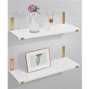 Afuly Gold Floating Shelves White Shelves for Wall, Wall Mounted Shelves for Bedroom Bathroom Living Room, Floating Book Shelves Wall Display Shelves Wood, Set of 2