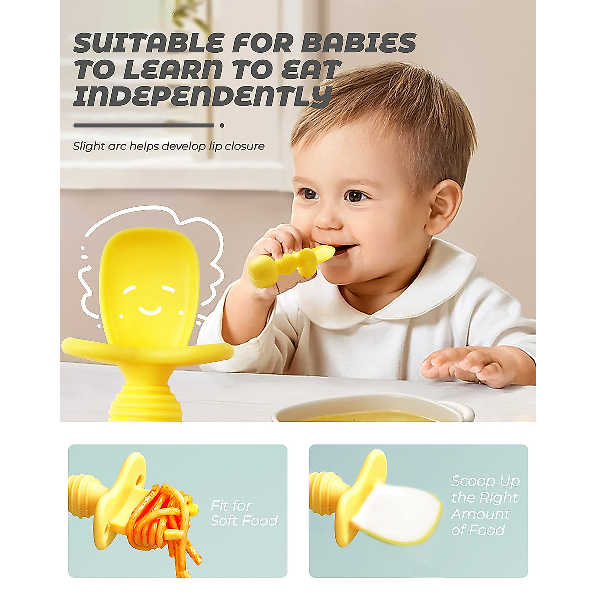 4 Pcs Baby Spoons Self Feeding 6 Months, Silicone Baby Spoons First Stage, Toddler Utensils for Baby Led Weaning with 2 Cases (Yellow, Green)