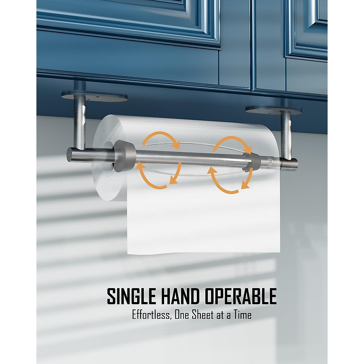 BATHDANCE Paper Towel Holder Under Cabinet, Single Hand Operable Roll Holder with Damping Effect,No Drilling or Wall Mounted SUS304 Stainless Steel for Kitchen Bathroom (Sliver)