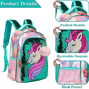 Unicorn Backpack for Girls Backpacks Glitter Sequin Bookbag with Lunch Box for Elementary Students Preschool Bag