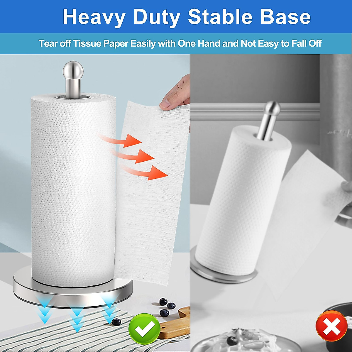 DAWNER Paper Towel Holder for Countertop, Easy One-Handed Tear, Stainless Steel, Weighted Base with Suction Cups, Non-Slip Paper Towel Stand for Kitchen, Bathroom, Brushed Nickel