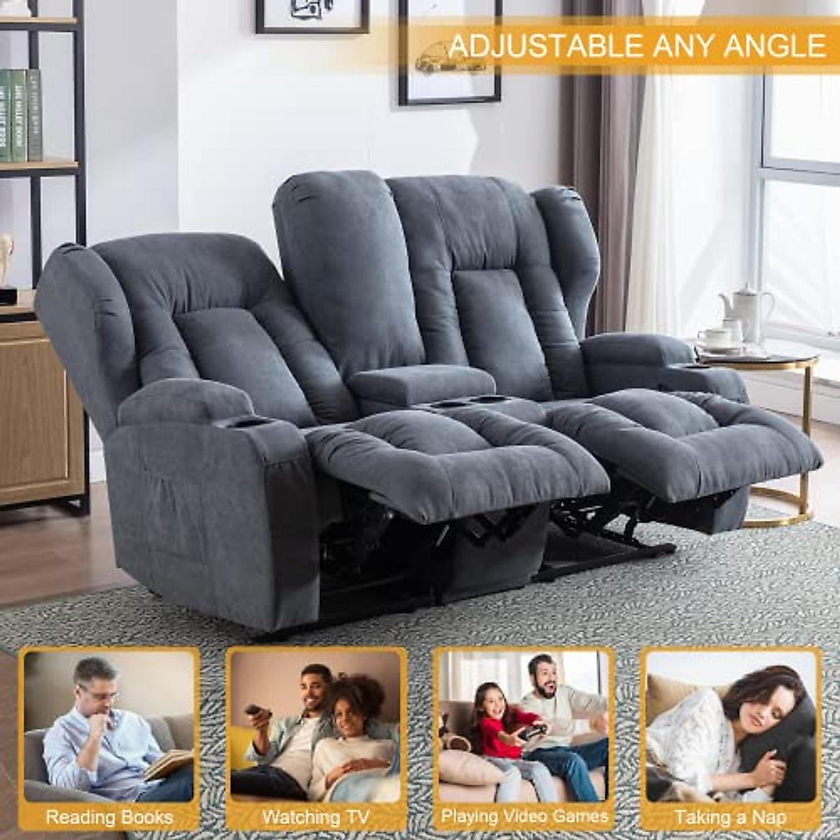 URRED Manual Recliner loveseat Chair with Console for Living Room Modern Manual-Pull Recliner Sofa Home Theater Lounge with Cup Holder,Storage for Home Theater Office (Blue-Grey Loveseat)