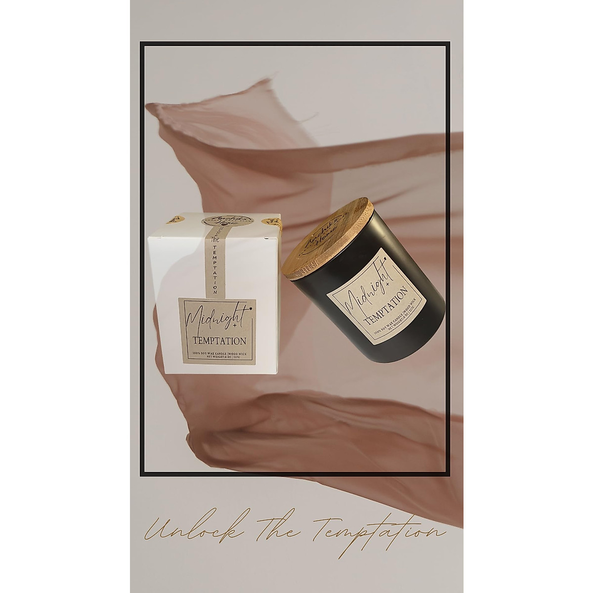Midnight Temptation Luxury Scented Candle | 8 oz 100% Soy Wax | Wood Wick | Black Jar | Rich Channel, Wood, & Tobacco Caramel Notes | Fall Candle Collection