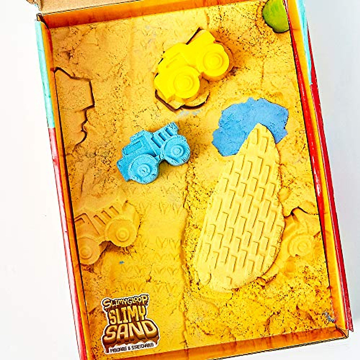 SlimySand Construction, 2 Pounds of SlimySand (Blue and Yellow), 3 Fun 3D Molds, 2 Rollers & 1 Reusable Box For Hours Endless Hours of Play. Super Stretchy & Moldable!