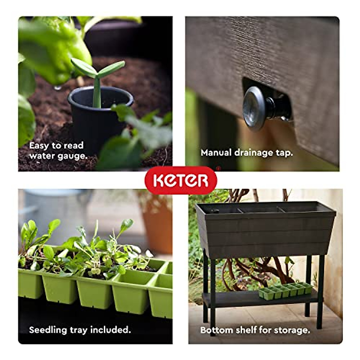 Keter Urban Bloomer 12.7 Gallon Raised Garden Bed with Self Watering Planter Box and Drainage Plug, Dark Grey