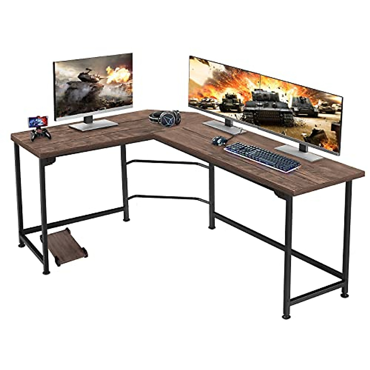 VECELO Corner Desk 66" with CPU Stand/PC Laptop Study Writing Table Workstation for Home Office Wood & Metal,Coffee+Black Leg, L-Shaped